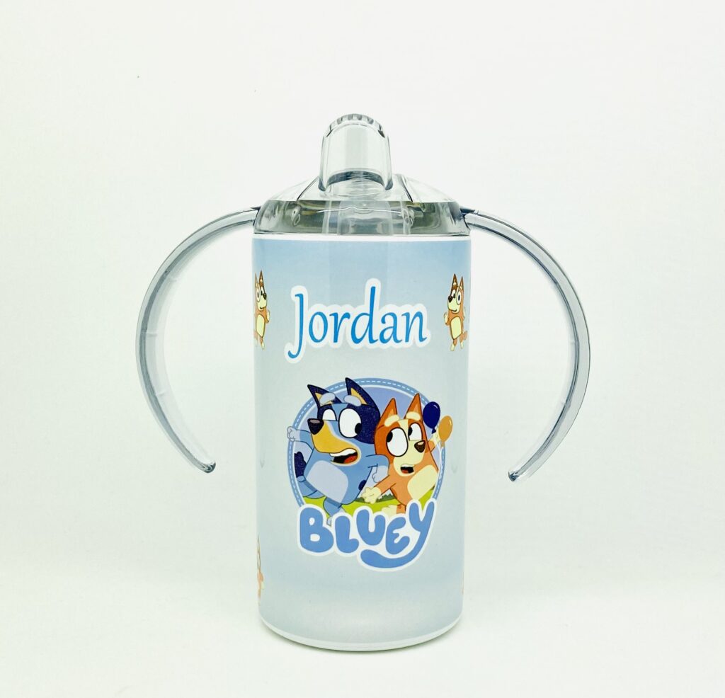 White 12oz Bluey Inspired Sippy Cup With 2 Lids - Name It With Love ...